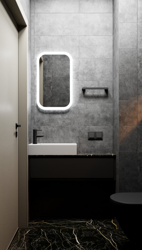Санузел с тёмной плиткой в ЖК “Минск мир” | CleverDesign